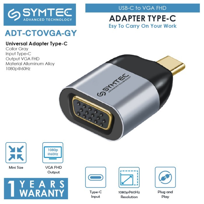 Jual SYMTEC Adapter OTG Type-c Male To VGA FHD Female 1080P@60Hz - ADT ...