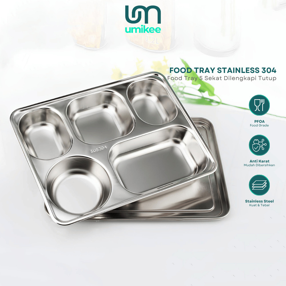 Jual Umikee Piring Makan 5 Sekat Stainless + Tutup Stainless Tebal Food ...