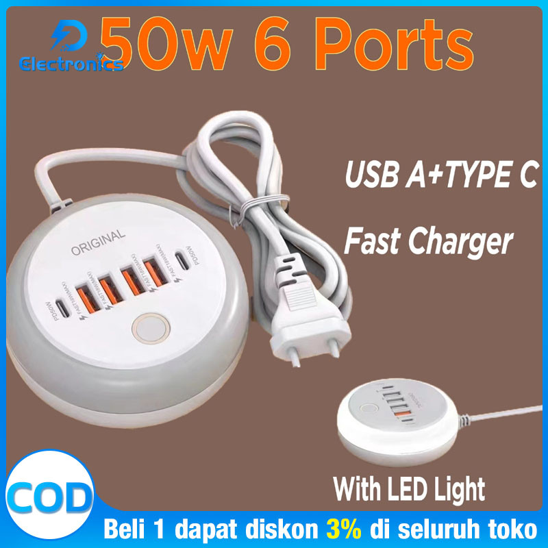 Jual Fast Charger PD 50W 6 Ports SuperVOOC QC3.0 4USB +2Type-C Charger Adaptor LED | Shopee ...