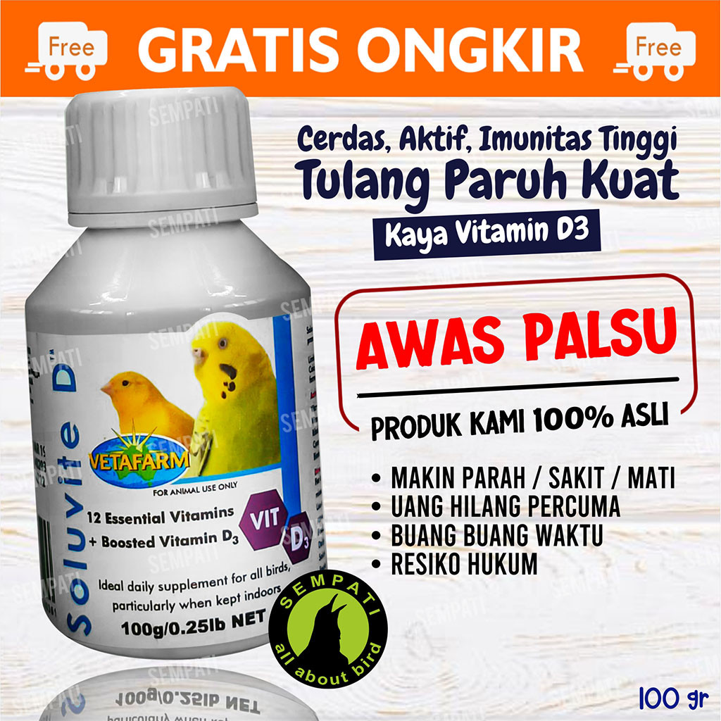 Jual SEMPATI SOLUVITE D VETAFARM VITAMIN BURUNG MENINGKATKAN PENYERAPAN KALSIUM PERTUMBUHAN BULU ...