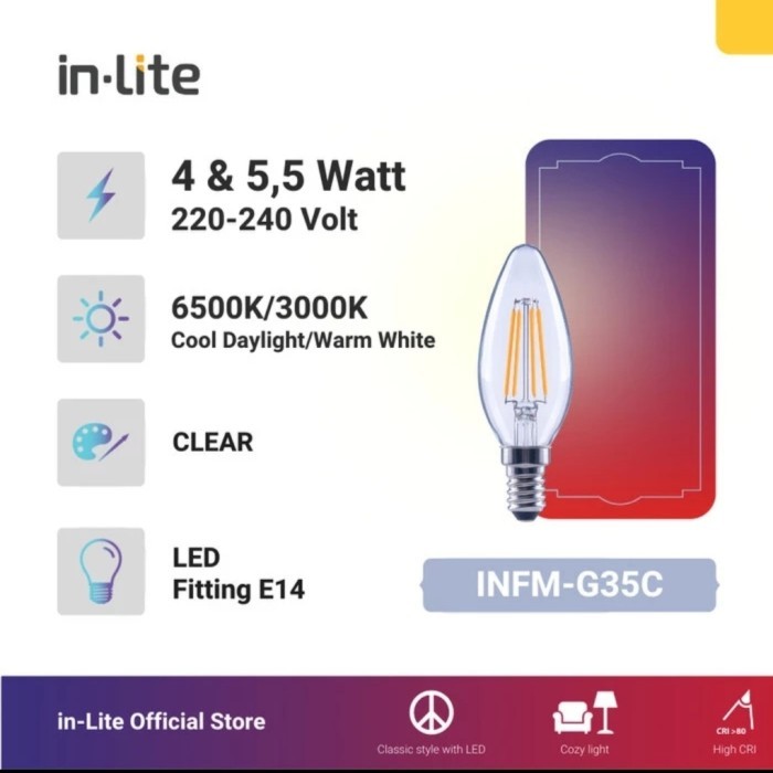 Jual Candle Light Led INLITE INFMC353C 4W 5.5W IN-LITE Filamen Clear ...