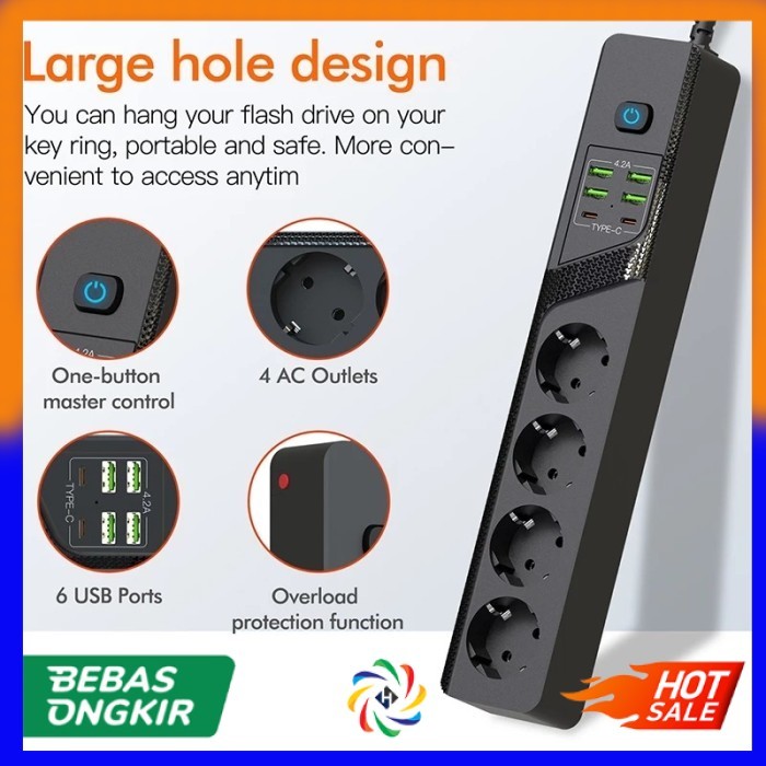 Jual Stop Kontak 4 Lubang USB Type C EU Plug 10A 110 - 250 V AC / 3000 W | Shopee Indonesia