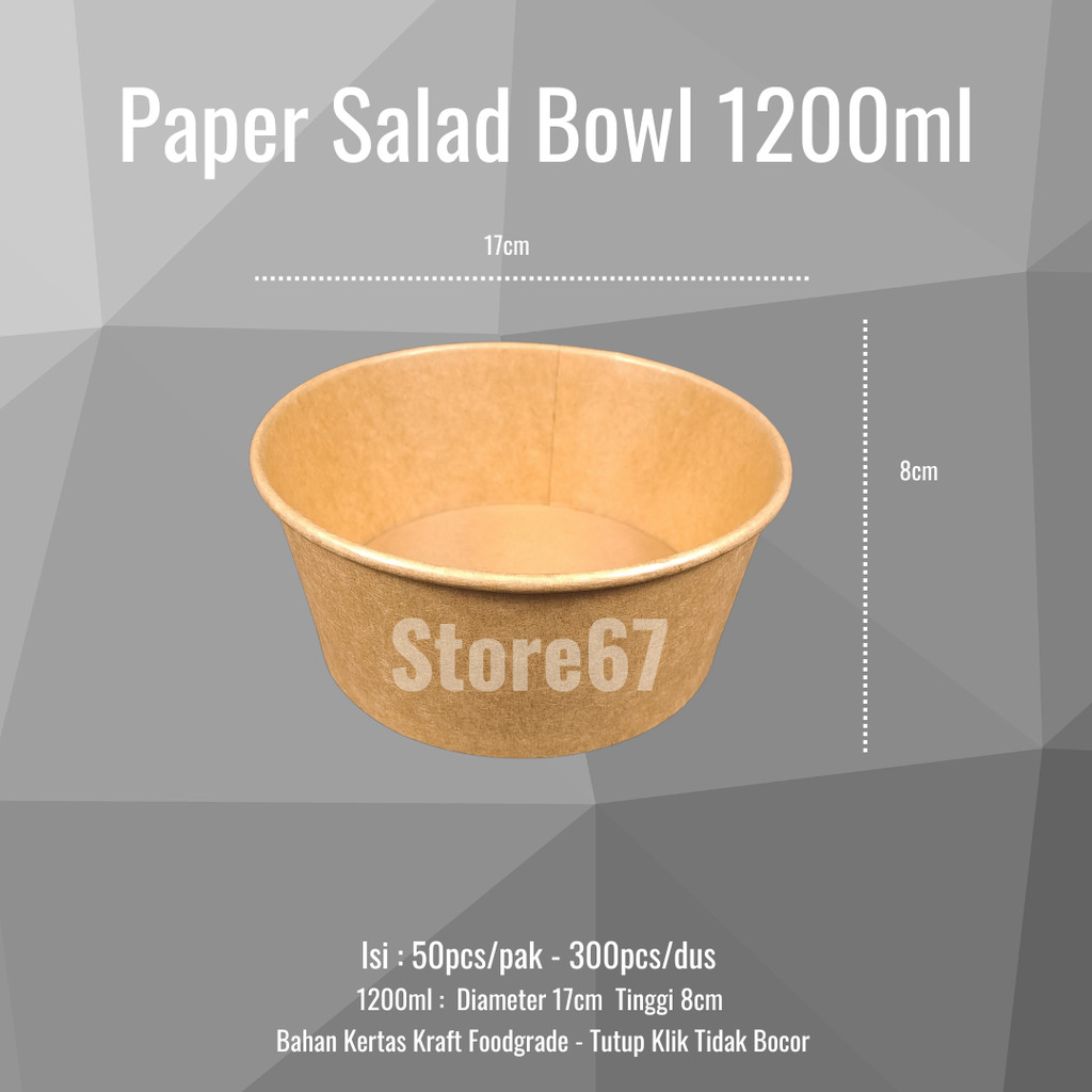 Jual Paper Bowl Salad Brown Kraft 1200ml + Lid - Rice Bowl, Salad Bowl ...