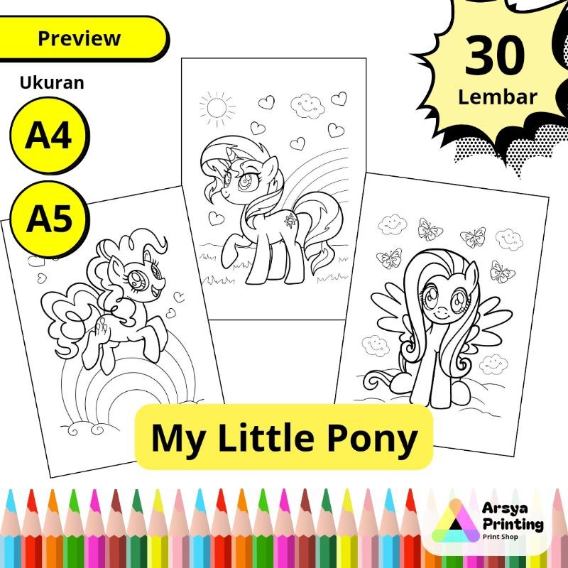 Jual 30 Lembar Kertas Mewarnai Anak Lucu Tema My Little Pony Kuda Poni ...