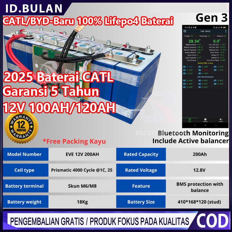 Jual CALB/CATL/BYD Baterai Lifepo4 EVE 12V 12.8V 200Ah /120AH Cycle Life 10000 Design Life 10 ...