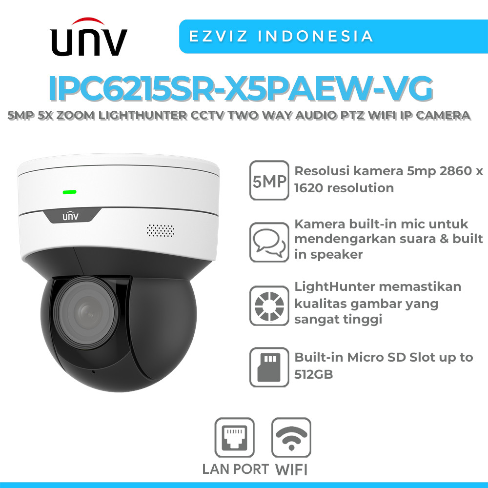 Jual UNV IPC6215SR-X5PAEW-VG 5MP 5X ZOOM LIGHTHUNTER CCTV TWO WAY AUDIO PTZ WIFI IP CAMERA ...