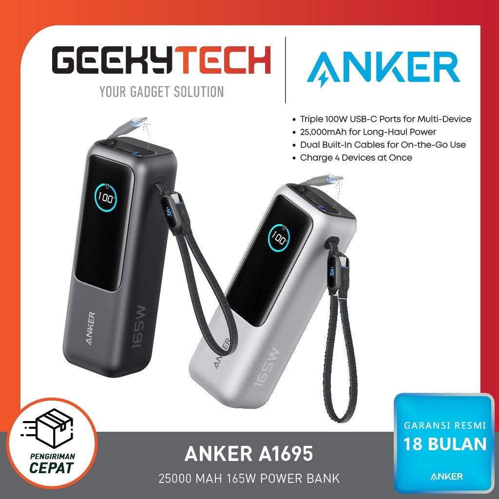 Jual Anker Powerbank 25000 mAh 165W / Anker A1695 PD PPS 100W 45W 33W 25W 2 Port USB A/C Built ...