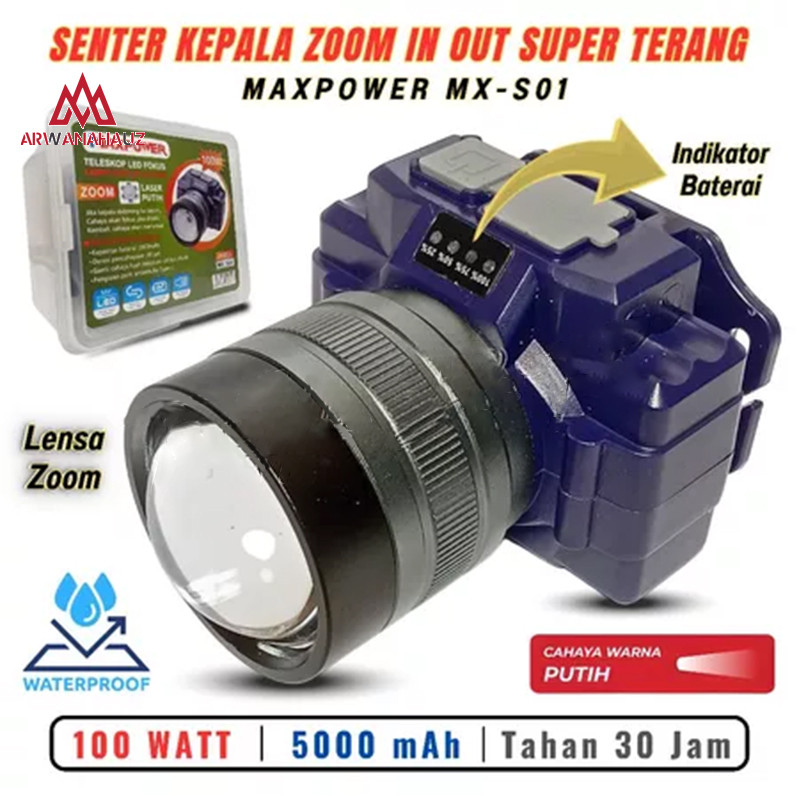 Jual Senter Kepala Zoom LED Laser 100w Maxpower MX-S01 3 Mode Cahaya Super Tahan Hingga 30 Jam ...