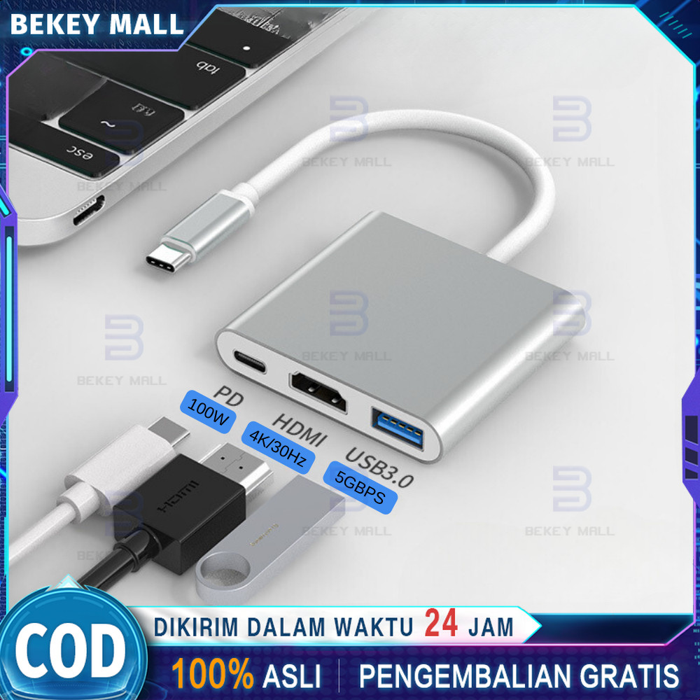 Jual BEKEY Converter Konektor USB/Type-C/HDMI 3in1 TypeC To HDMI 4K-TypeC-USB 3.0 Adapter Cable ...