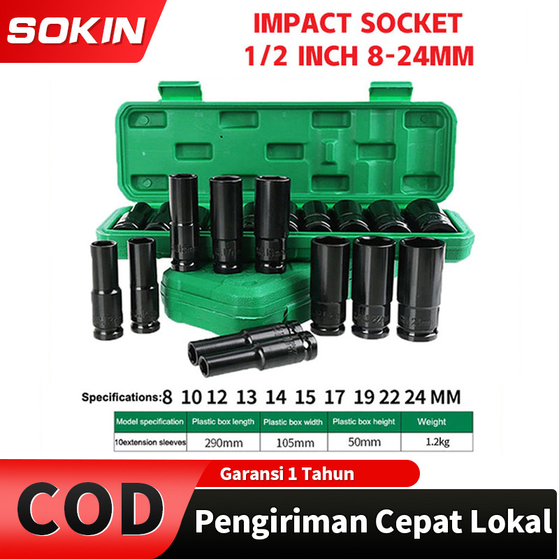 Jual SOKIN 10Pcs Mata Socket 1/2‘’ 8-24mm Impact Socket/Kunci shock ...