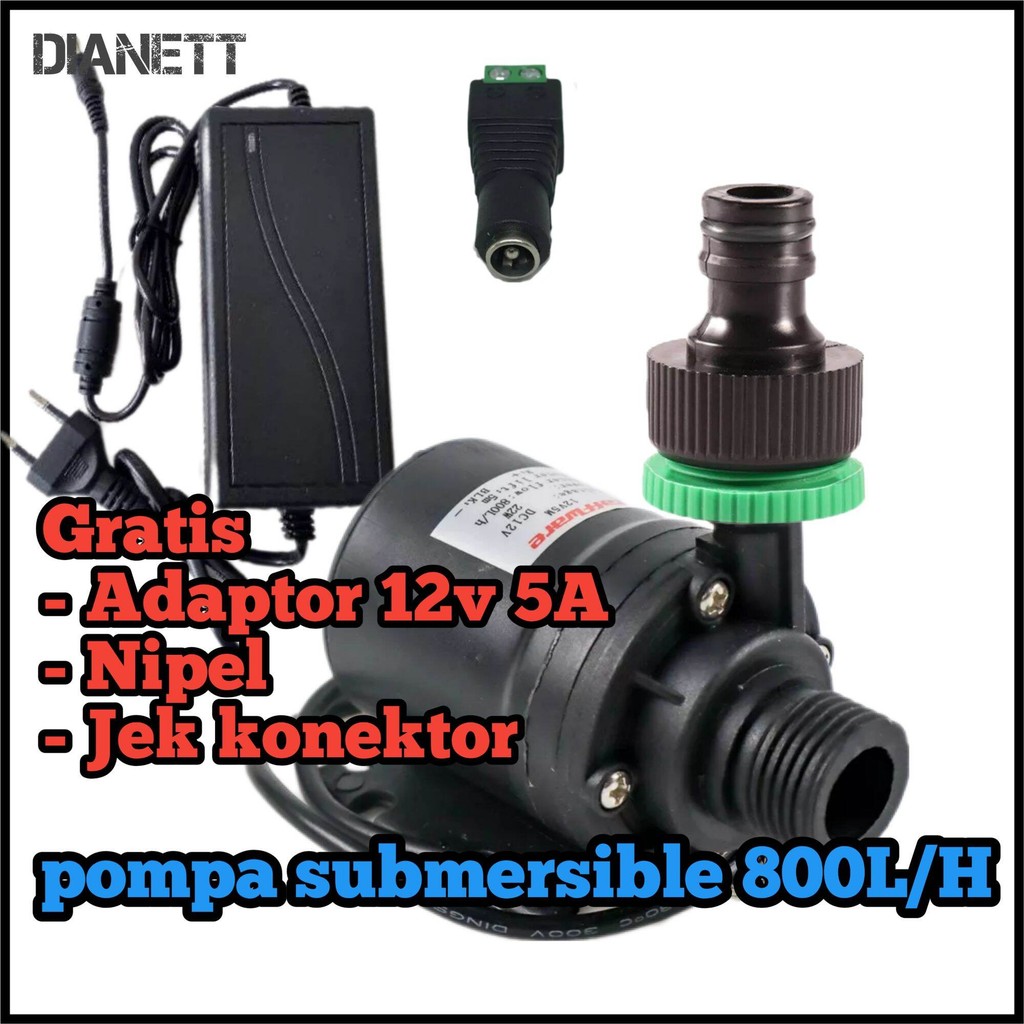 Jual Pompa celup mini dc 12V 800L/H 5 meter free adaptor 12v 5A, nipel ...