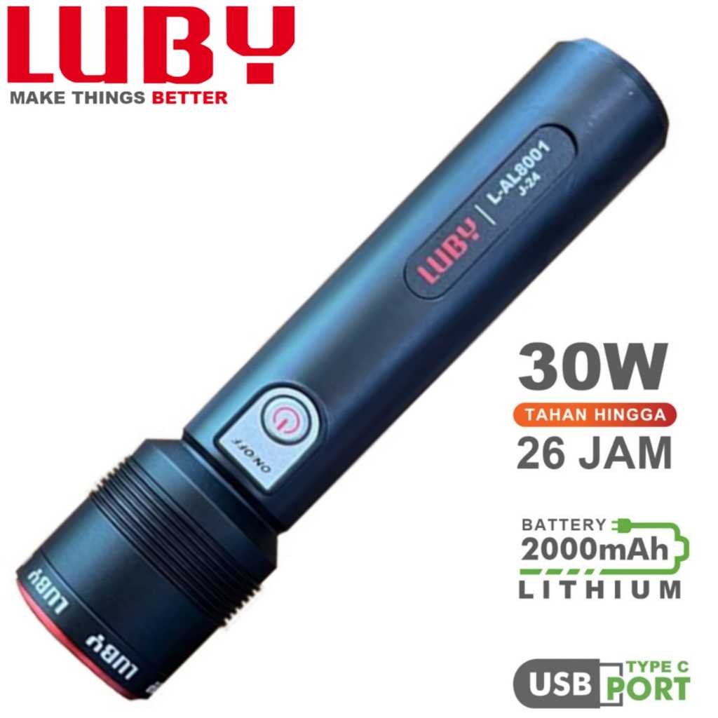 Jual SENTER LED ZOOM LUBY L-AL8001 30WATT TAHAN HINGGA 26JAM - WATERPROOF - CHARGER USB TYPE C ...
