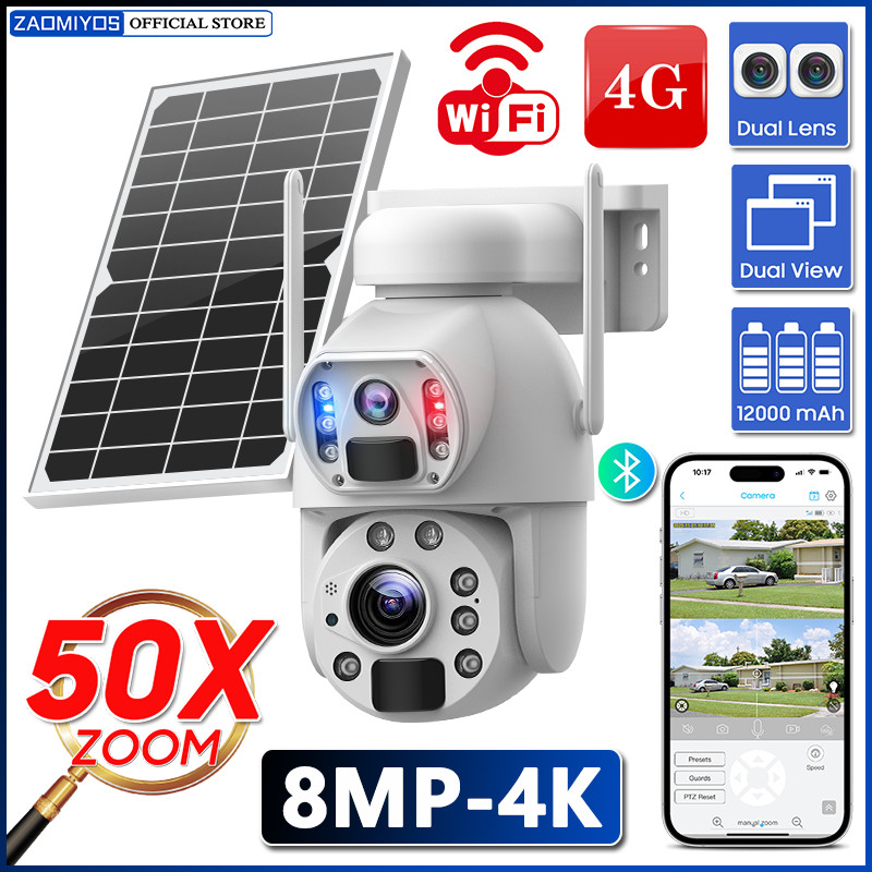 Jual 4K 50X ZOOM 8MP Solar Camera 4G SIM 360° Outdoor Dual Lens Human Tracking PIR Night Vision ...