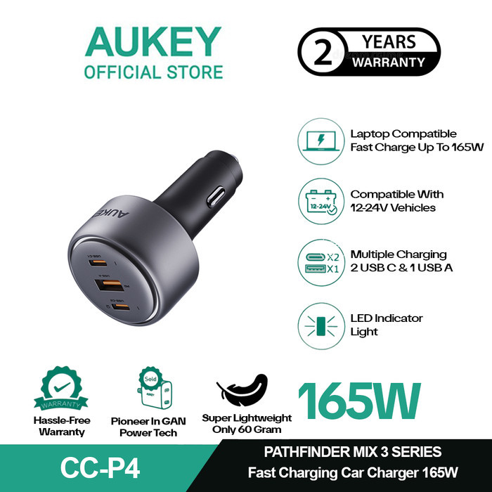 Jual Aukey CC-P4 Car Charger Mobil 165W PD PPS 45W 100W 3 Port USB Type A/C PathFinder Mix 3 ...