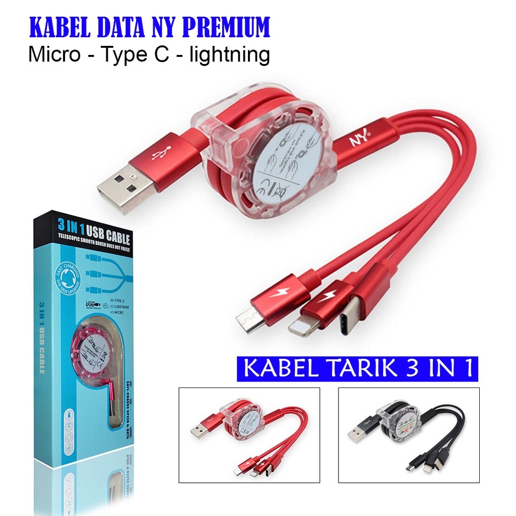 Jual KABEL DATA NY PREDMIUM KABEL TARIK 3IN1 MICRO, TYPE C, LIGHTNING ...
