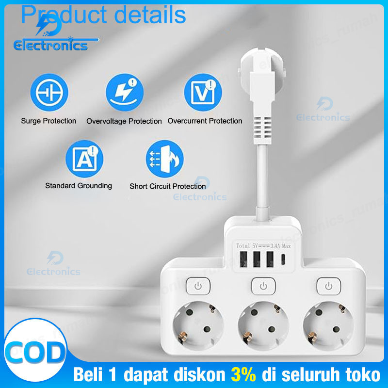 Jual 2500W Multipel Plug Stop kontak Wall Socket Extender Adapter dengan 6 in 1 （2 Outlet +3USB ...