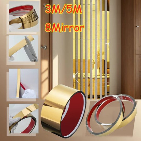Jual 5M List Plat Strip Mirror Gold 3M Stiker Dinding Garis Datar Bahan ...