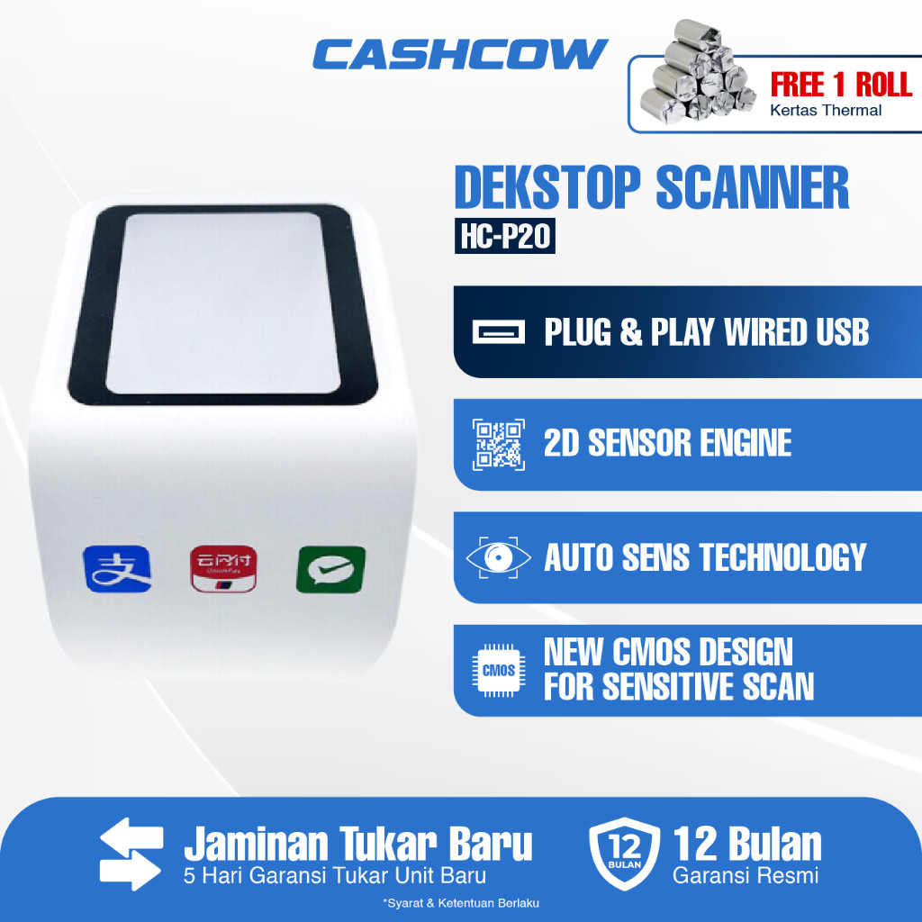 Jual Barcode Scanner Omni 2D QR Code Desktop Auto Sensor Cashcow HCP20 ...