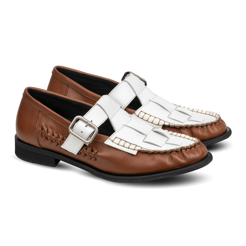 Jual Leon T-Strap White Brown - Nappa Milano - Sepatu Kulit Unisex ...