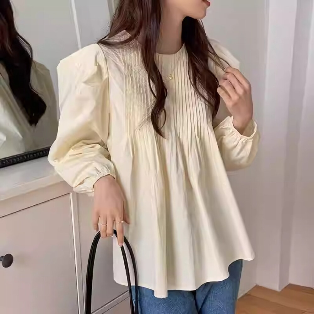 Jual CHICMORE Atasan Kemeja ruffle warna solid lengan puff longgar ...