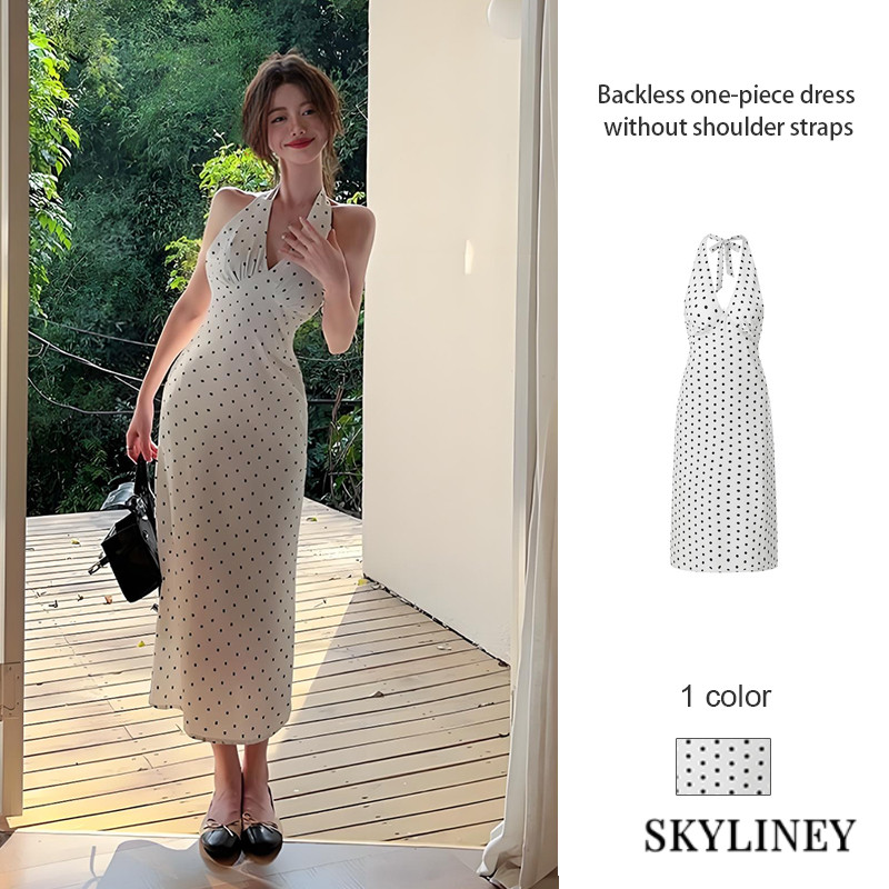 Jual Gaun Panjang Bertali Polkadot Leher Gantung Gaun Tanpa Punggung ...