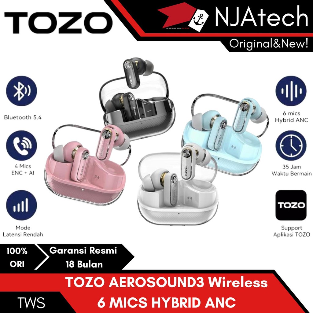 Jual Tozo AEROSOUND3 Smart 6 mics Hybrid ANC + AI 4 Mics ENC Clear Calls Earphone Bluetooth Tws ...