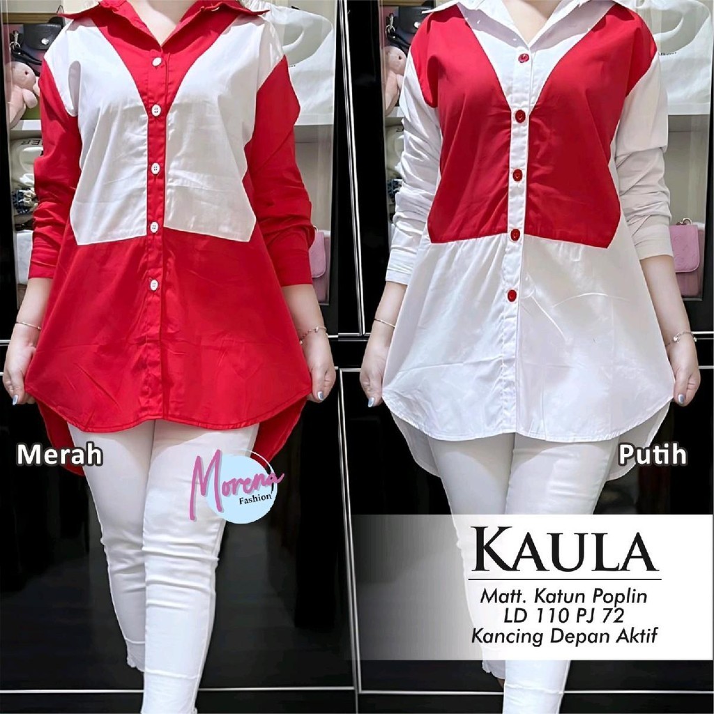 Jual Kaula Kemeja Blouse Merah Putih Polos Kombinasi Busui Full Kancing ...