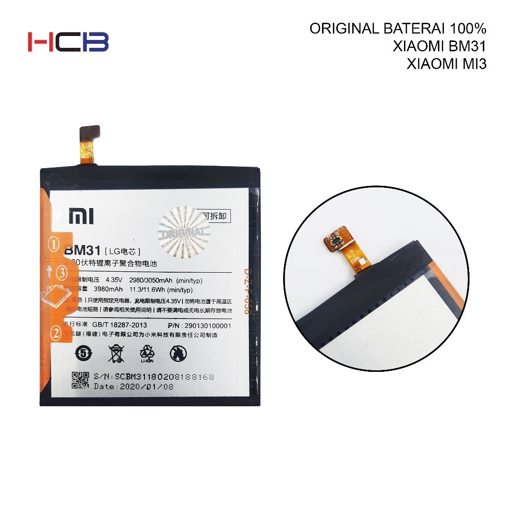 Jual ORIGINAL HCB | Baterai XIAOMI BM-31 XIAOMI MI 3 ORIGINAL 100% Battery Batteray Batre Batrai ...