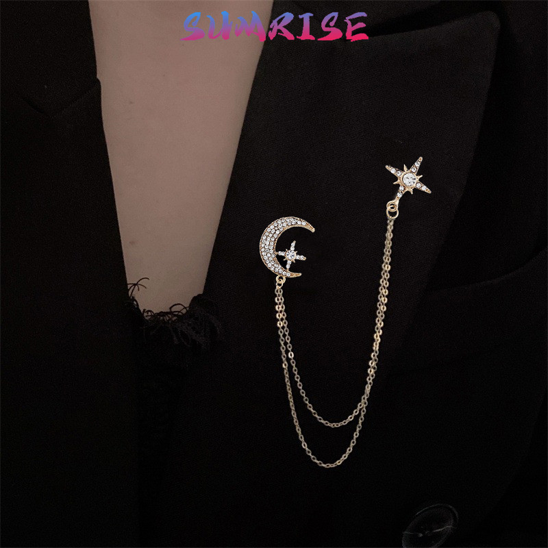 Jual Pin Rantai Jas Pria Mewah Moon Bintang Korea dengan Detail Kristal ...