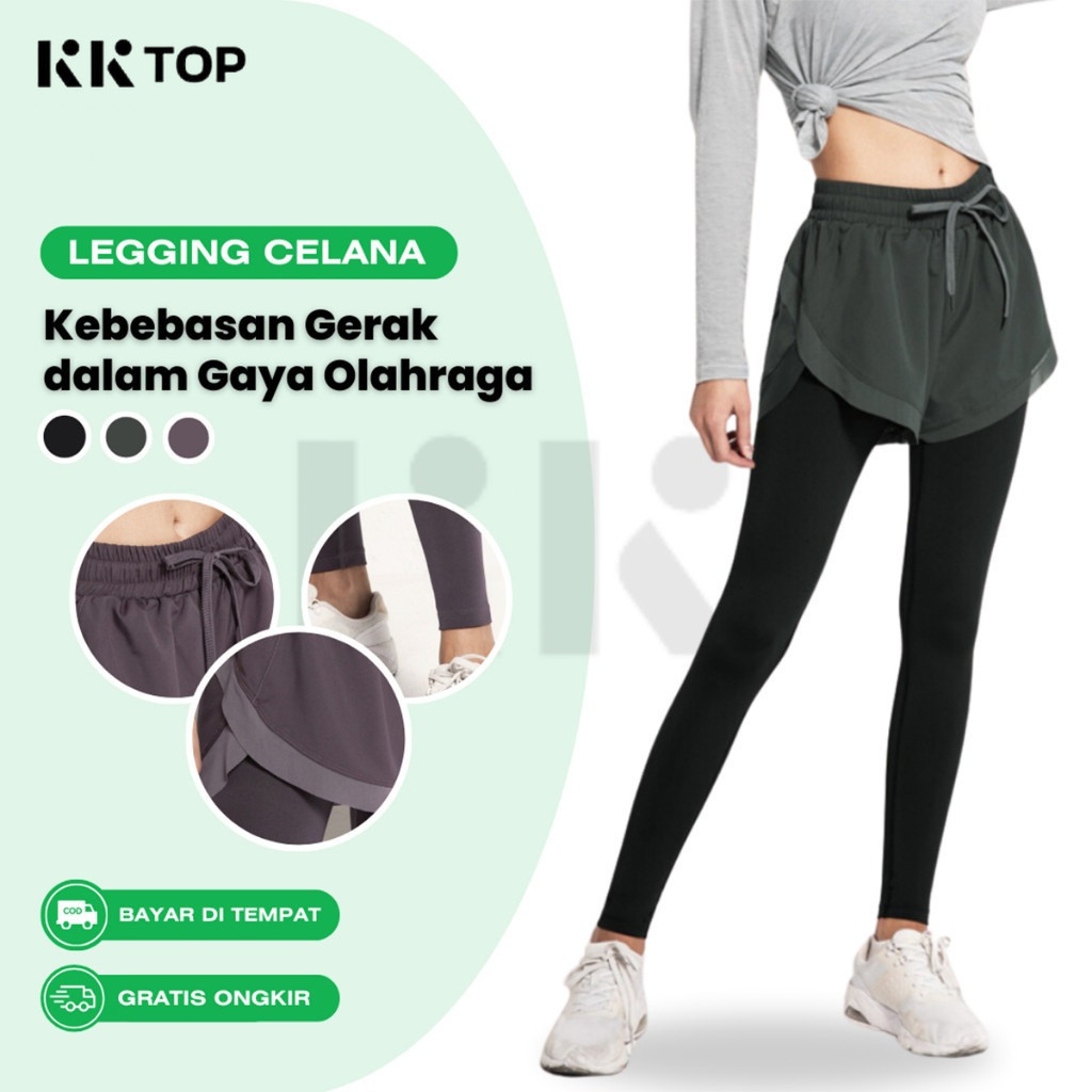 Jual KKTOP Legging Celana 2 in 1 Olahraga Wanita High Waist Polos Gym ...