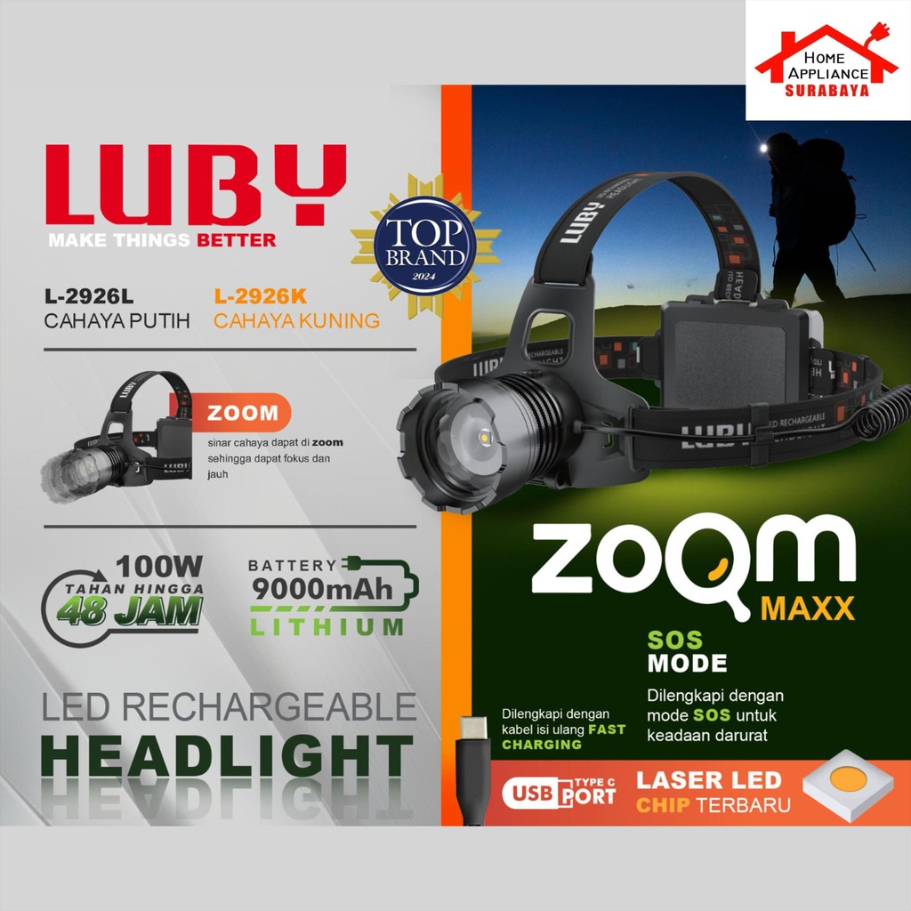 Jual LUBY Headlamp - Senter Kepala LED ZOOM MAXX 100W - 100 Watt ...