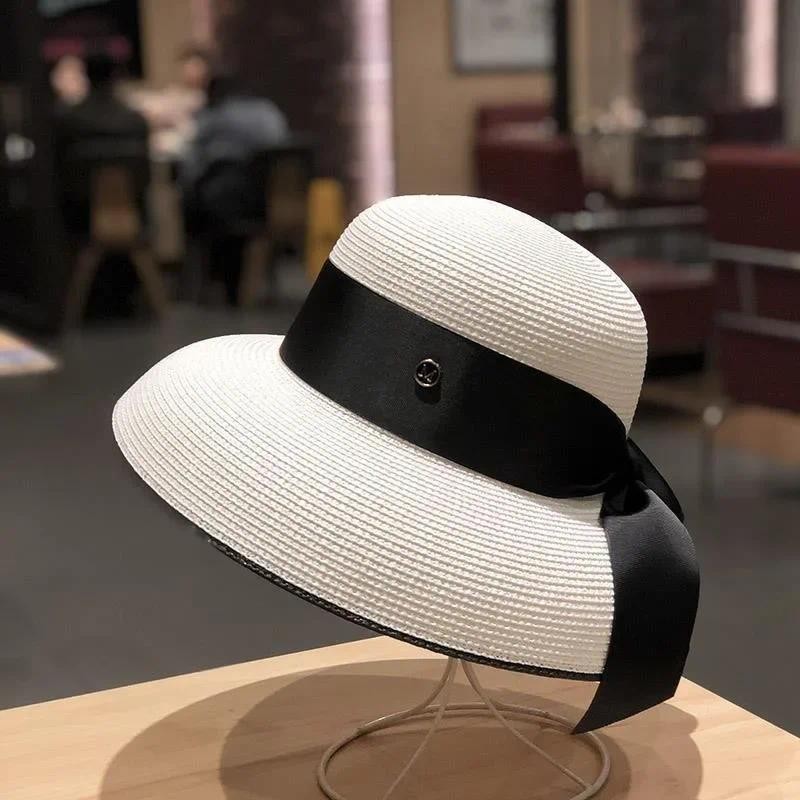 Jual Women's French Retro Straw Sun Hat with Bow Detail - Hepburn Style ...