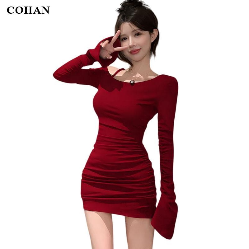 Jual Cohan DR9231 Dress Long Sleeve Off Shoulder Bodycon Fit Slim Dress ...