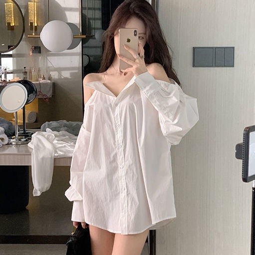 Jual Aroana Off-shouldered lurus bahu kemeja atas Wanita 2022 baru ...