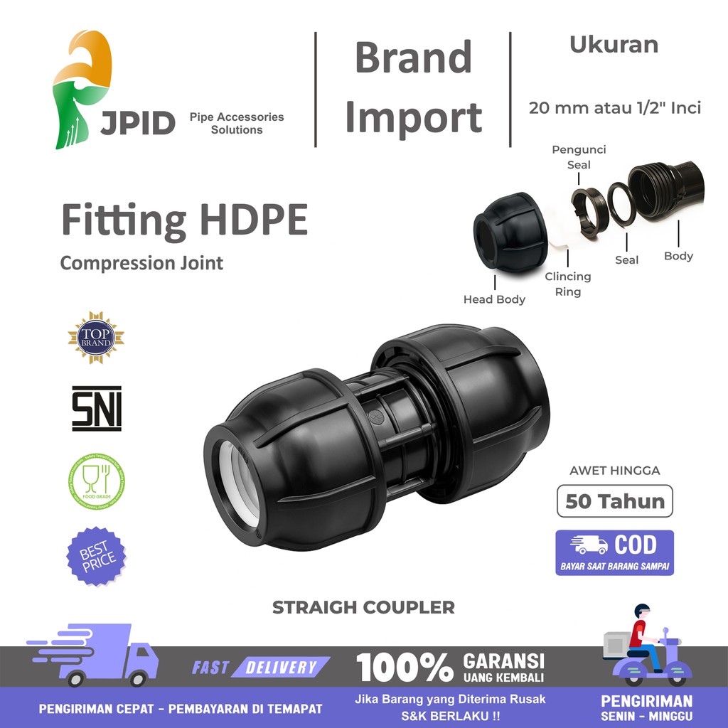 Jual Straight Coupler HDPE 20mm atau 1/2 Inch | Coupling Compression ...