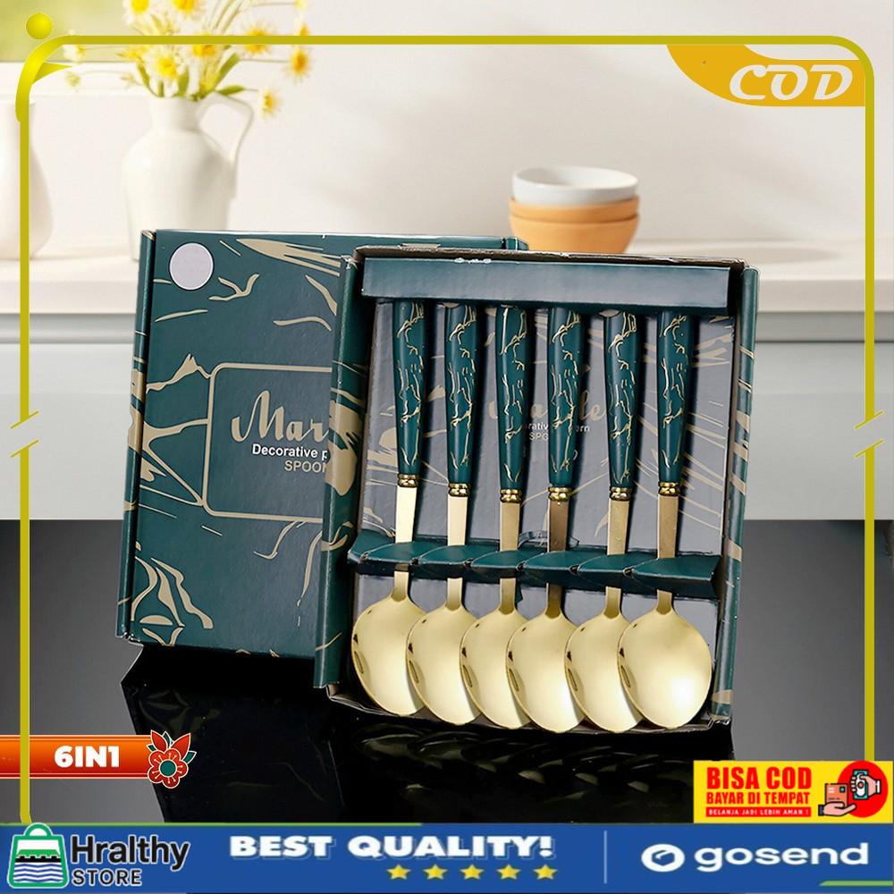 Jual Sendok Makan Set 6 Pcs Stainless Steel Gagang Marmer Elegan Warna ...