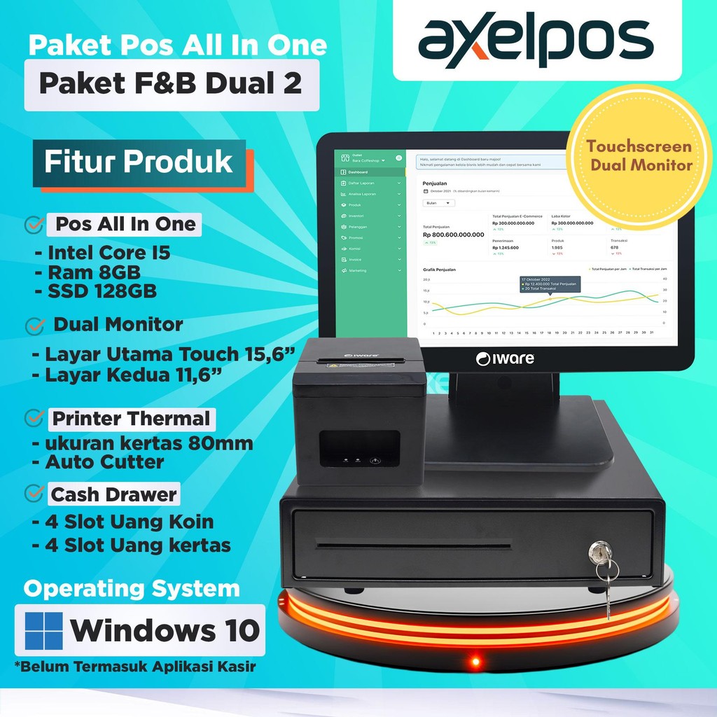 Jual Paket Alat Kasir F&B Pos All In One Dual Display Iware Intel Core I5 Include Printer 80mm ...