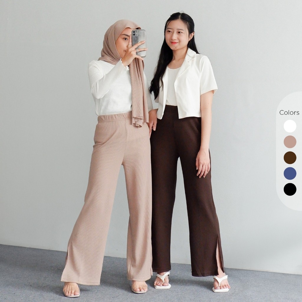 Jual MAISON AMORA Sara Long Pants Waffle With Slit - Celana Panjang Wanita Waffle Knit Cotton ...