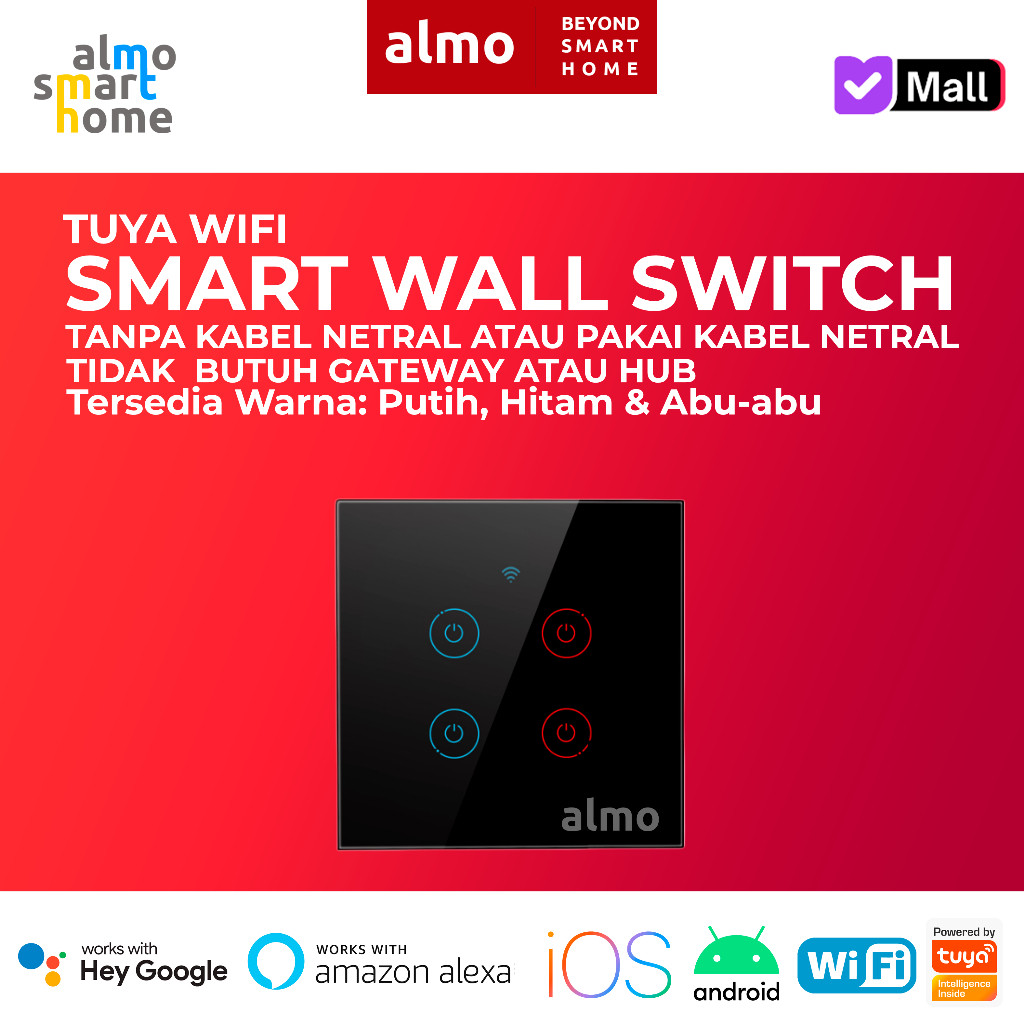 Jual ALMO Tuya Wifi Smart Switch EU 4 Gang Saklar Pintar Tanpa Kabel ...