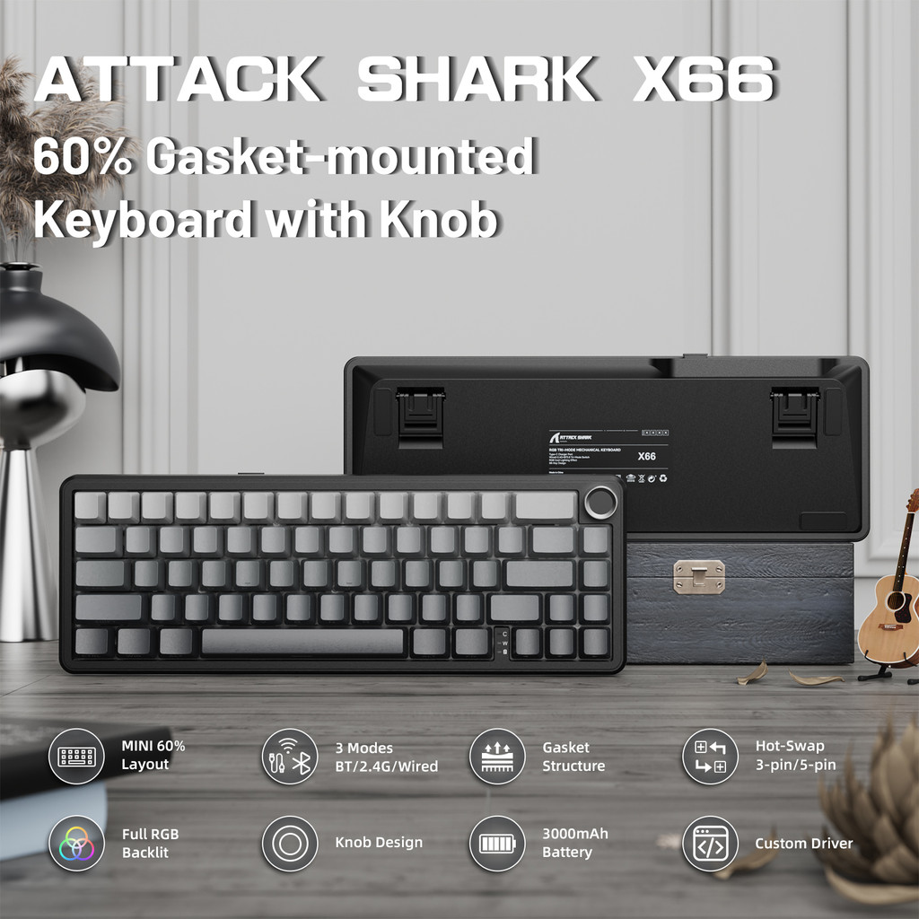 Jual ATTACK SHARK X66 60% Wireless Mechanical Gaming Keyboard with Knob ...