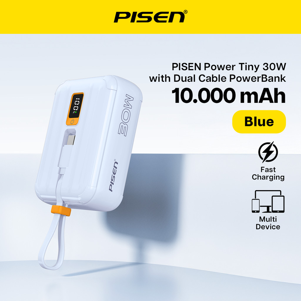 Jual PISEN-Power Tiny 30W 10000mAh With Dual Cable Power Bank (Blue ...