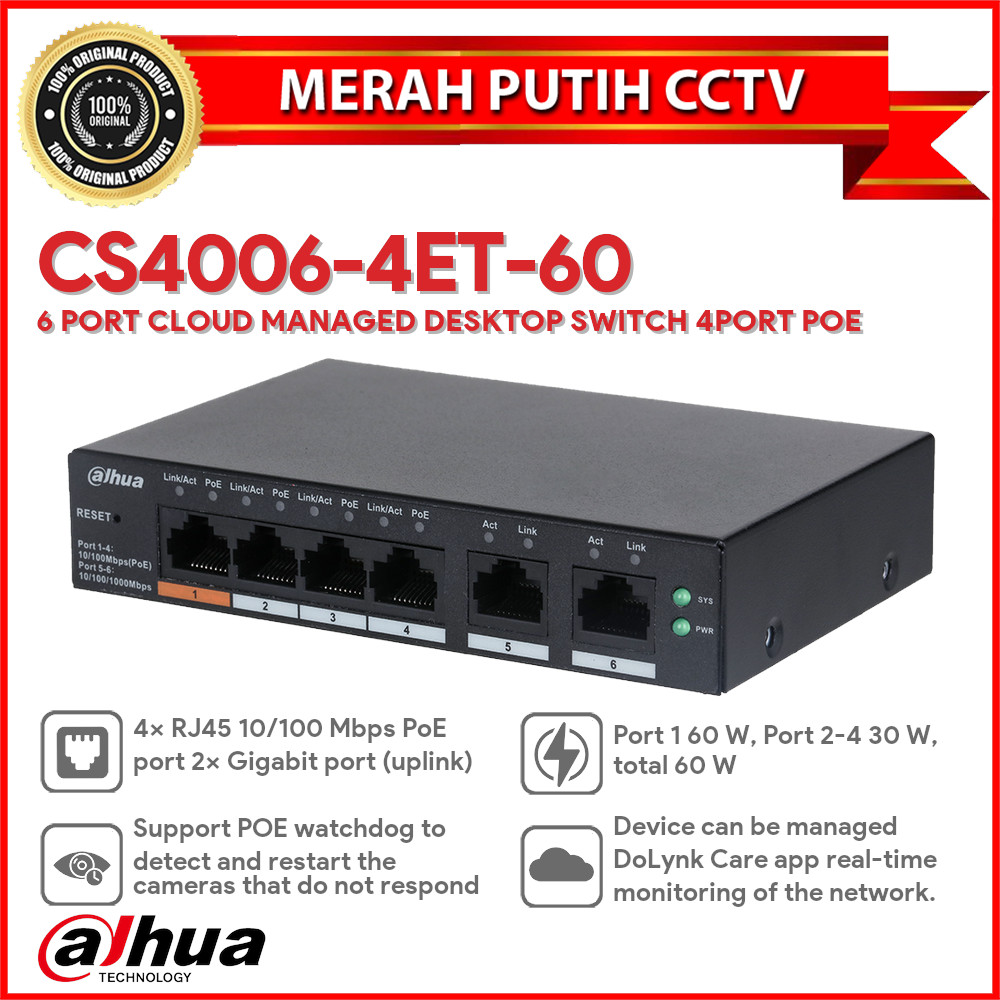 Jual DAHUA CS4006-4ET-60 6 PORT CLOUD MANAGED DESKTOP SWITCH 4PORT POE | Shopee Indonesia