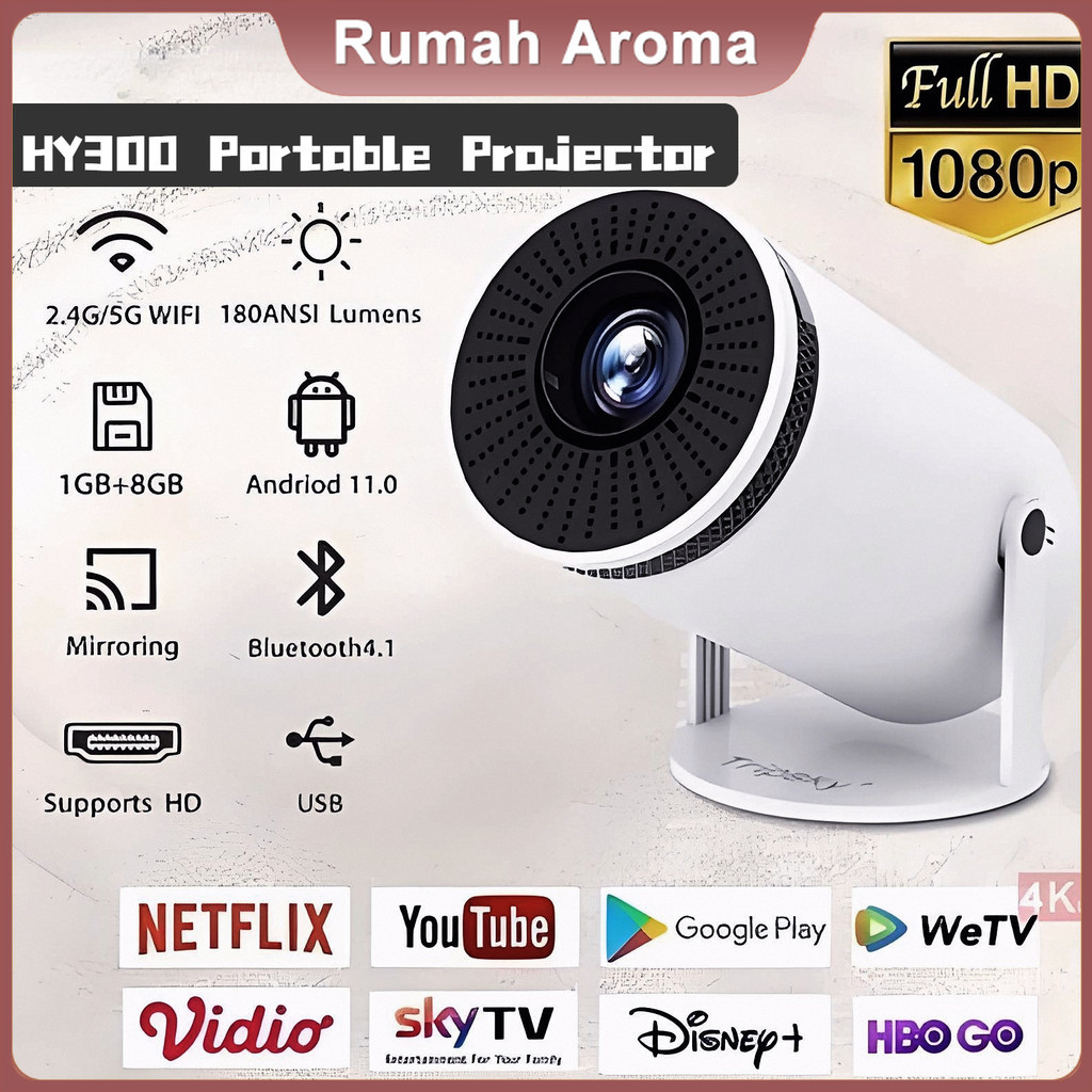 Jual HY300 Smart Proyektor Portable HD Smart Projector Android 11 OS 180 Wireless Android ...