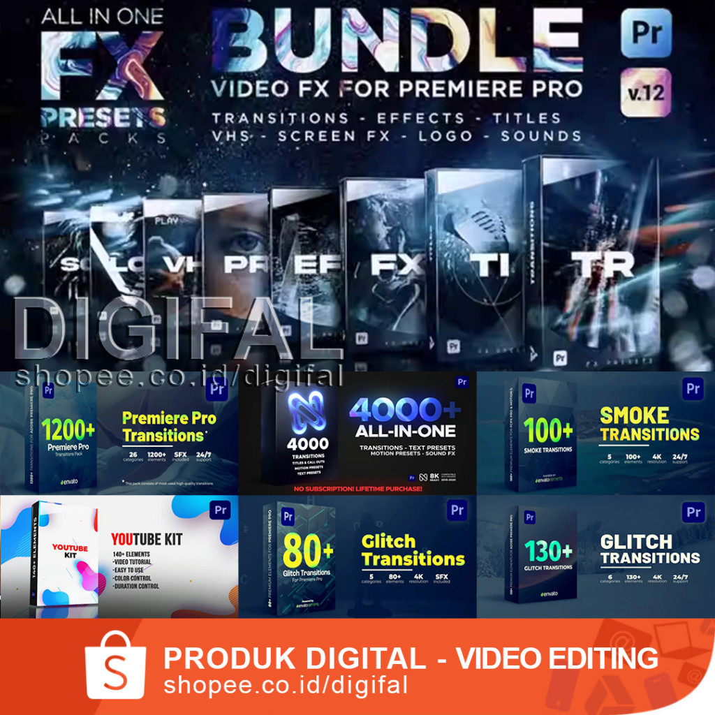 Jual FX Presets Bundle V.12 for Premiere Pro (all-in-one) Transitions, Titles, Effects, VHS ...