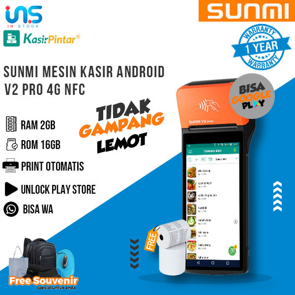 Jual Mesin Kasir Android SUNMI V2 PRO PRINTER LABEL 4G+WIFI NFC RAM 2+16GB Free ThermalCO ...