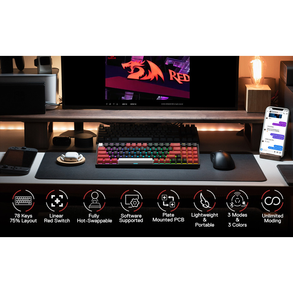 Jual Redragon K628 PRO 75% 3-Mode Bluetooth 2.4Ghz Wireless RGB USB LED ...