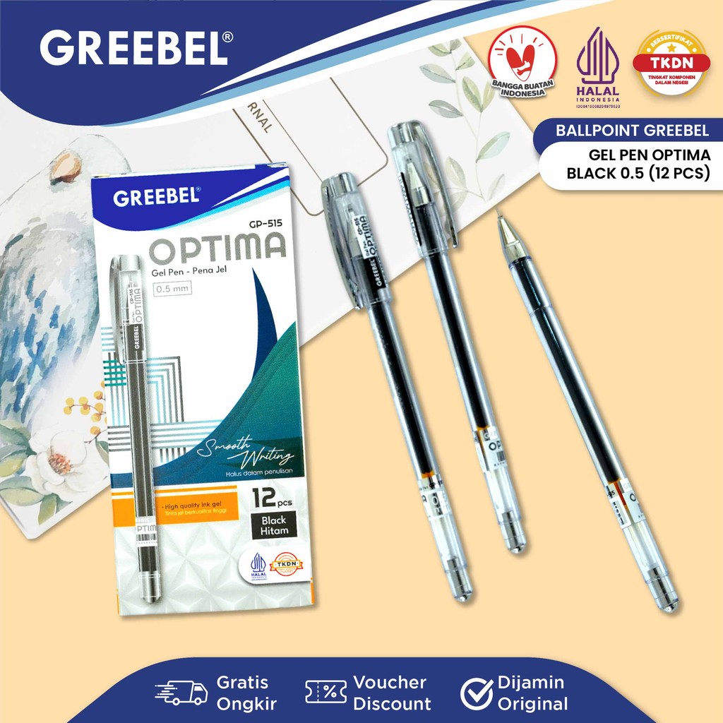 Jual GREEBEL Pulpen Gel / Gel Pen GP- 515 Optima 0.5 Hitam (12PCS/SET) | Shopee Indonesia