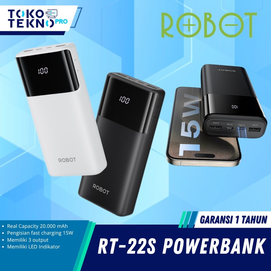 Jual Robot RT22S / RT-22s Smart Powerbank Fast Charging 20000mAh 15W 3 ...