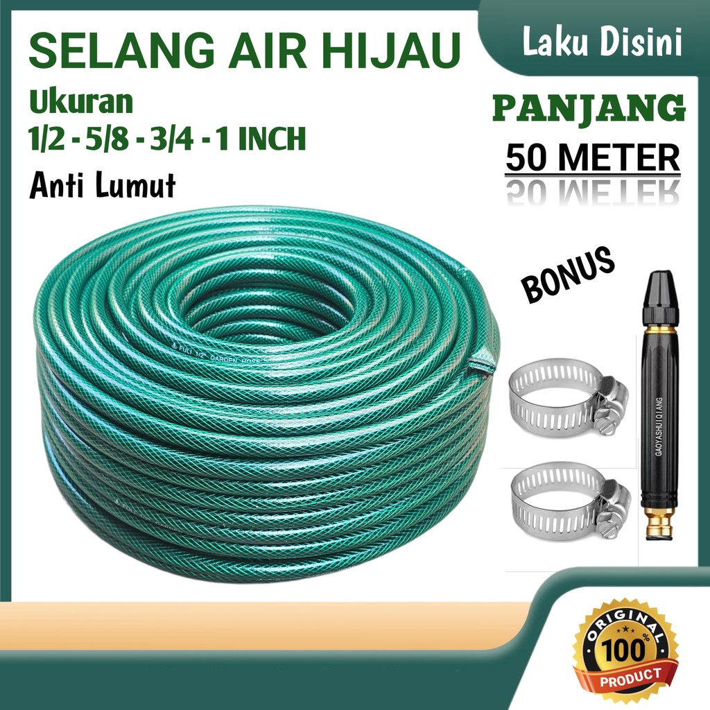 Jual SELANG AIR HIJAU ANTI LUMUT 50 METER SERAT BENANG 1/2 - 5/8 - 3/4 - 1 INCH CUCI MOTOR DAN ...
