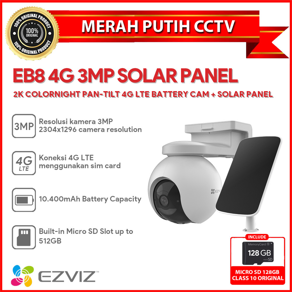 Jual EZVIZ EB8 4G 3MP SOLAR PANEL 2K COLORNIGHT PAN-TILT 4G LTE BATTERY ...